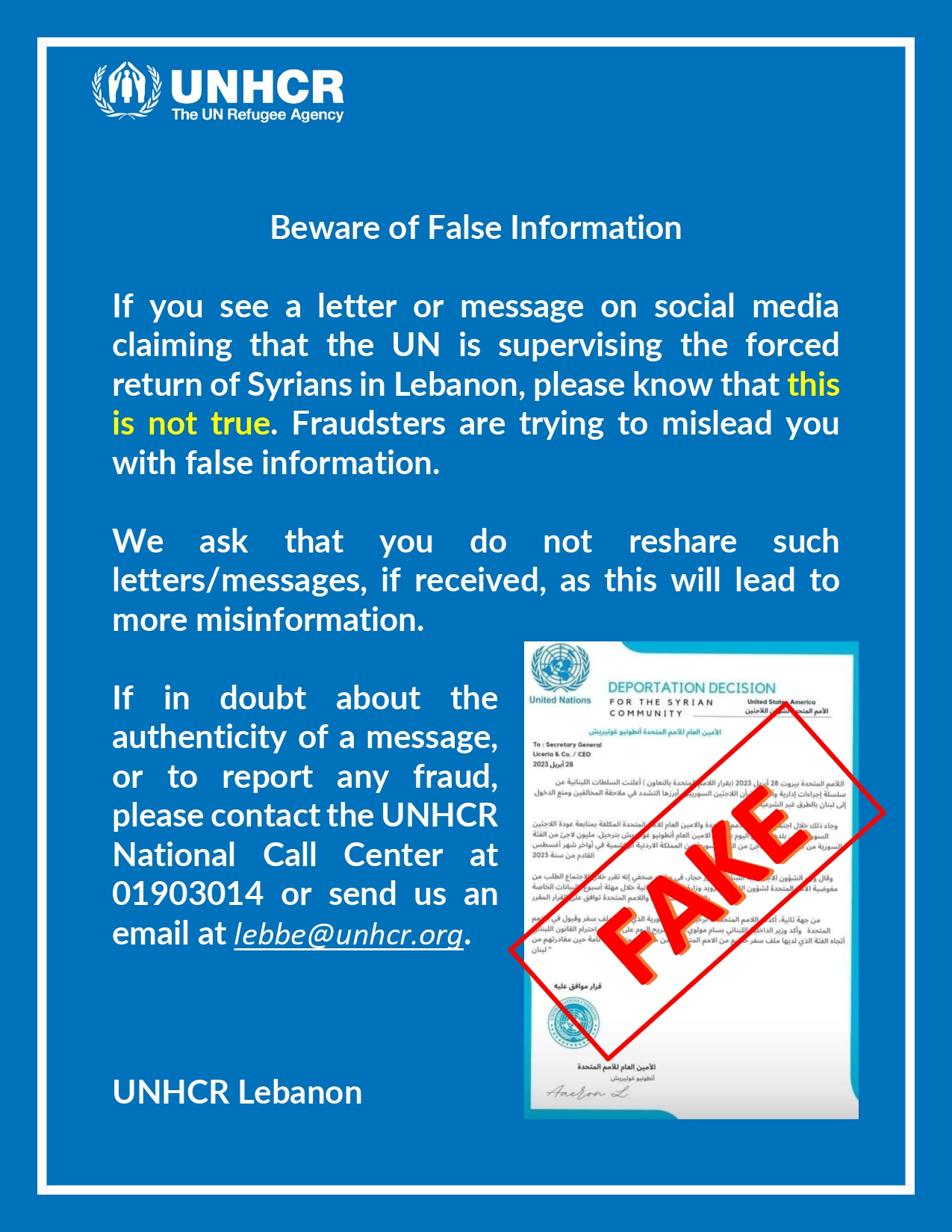 Beware of False Information - UNHCR Lebanon