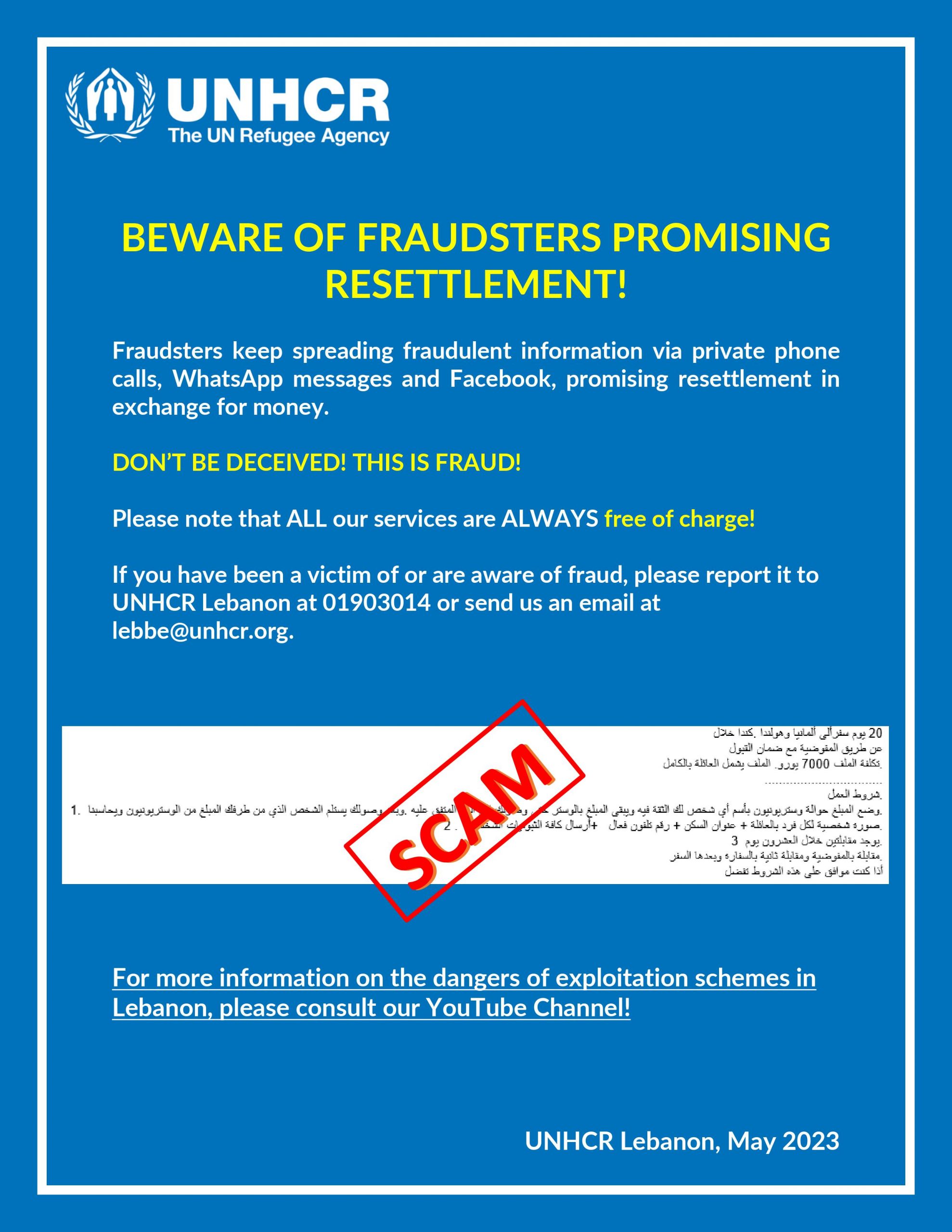 Beware of Fraudsters Promising Resettlement - UNHCR Lebanon