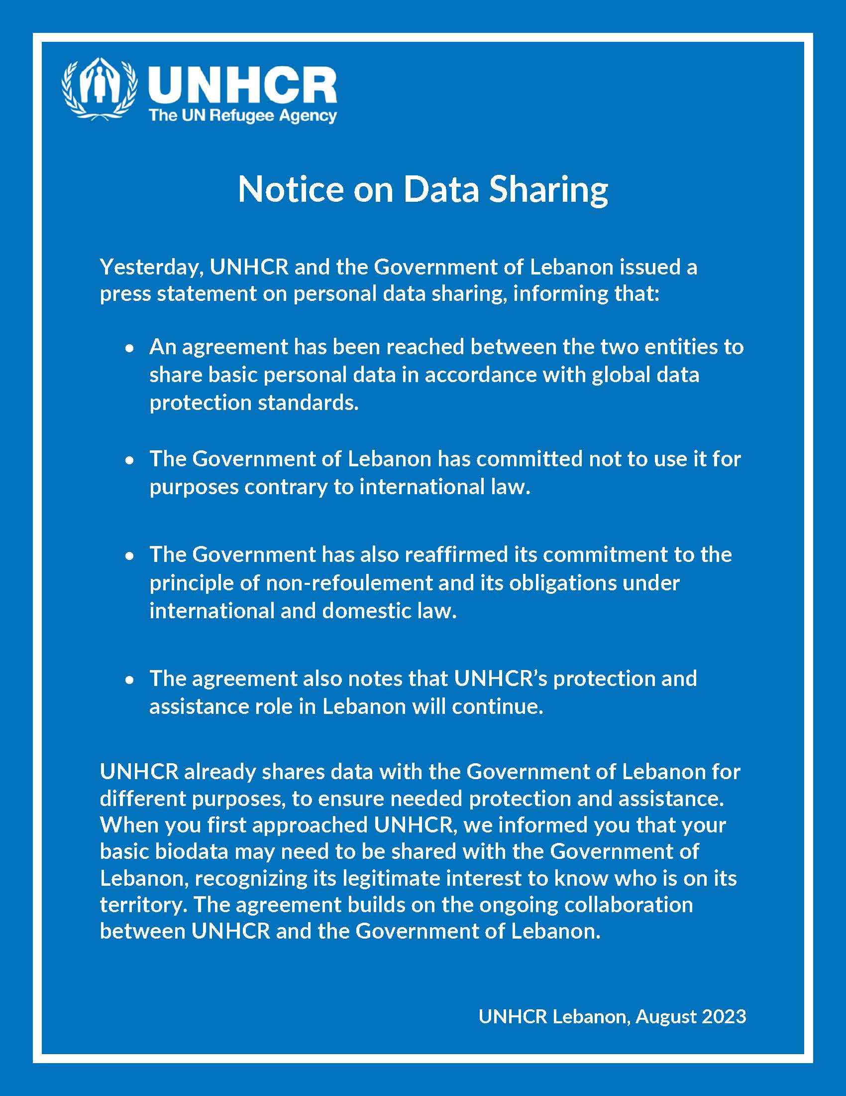 Notice on Data Sharing - UNHCR Lebanon