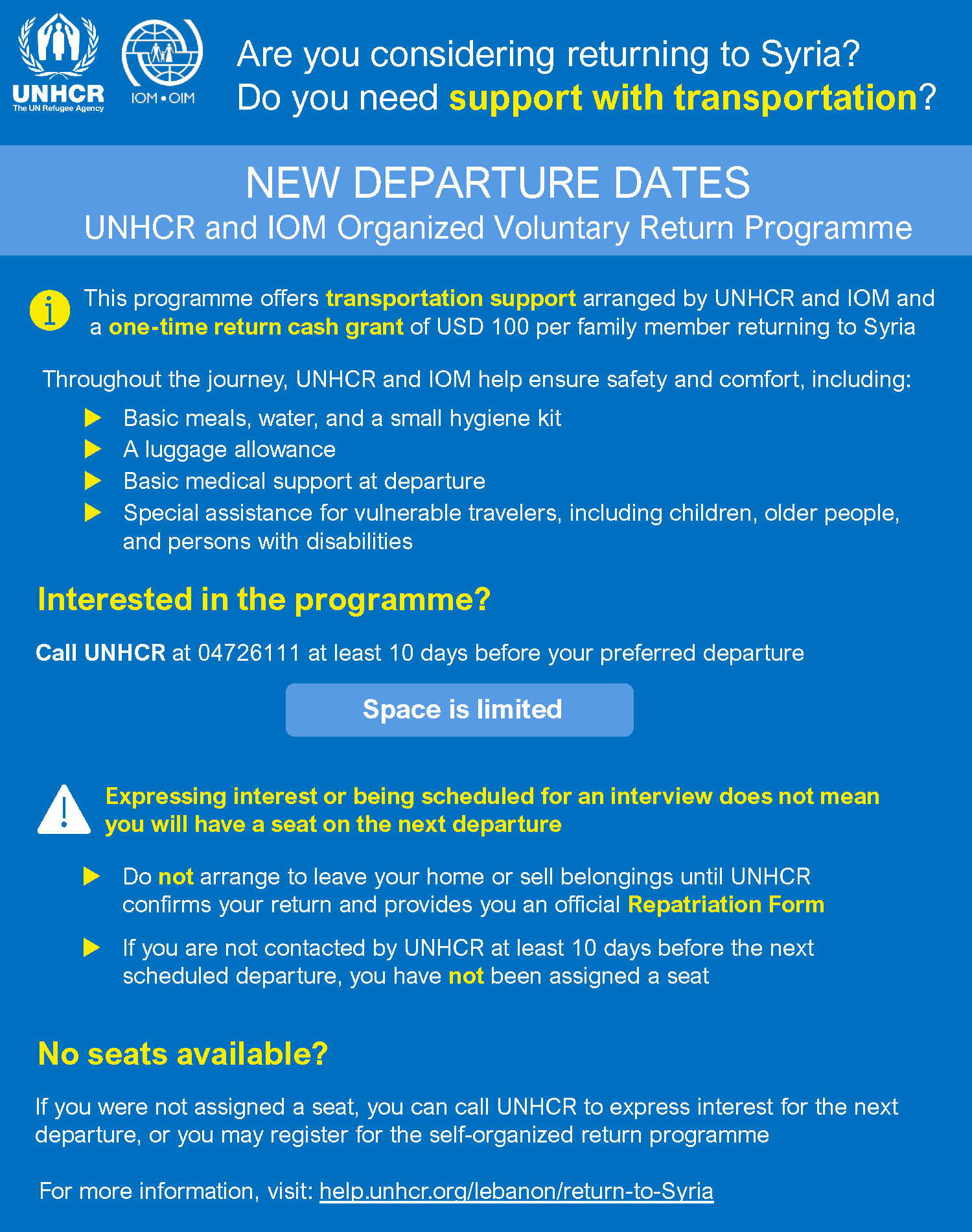New 2026 dates for return to Syria organized by UNHCR and IOM, with ...